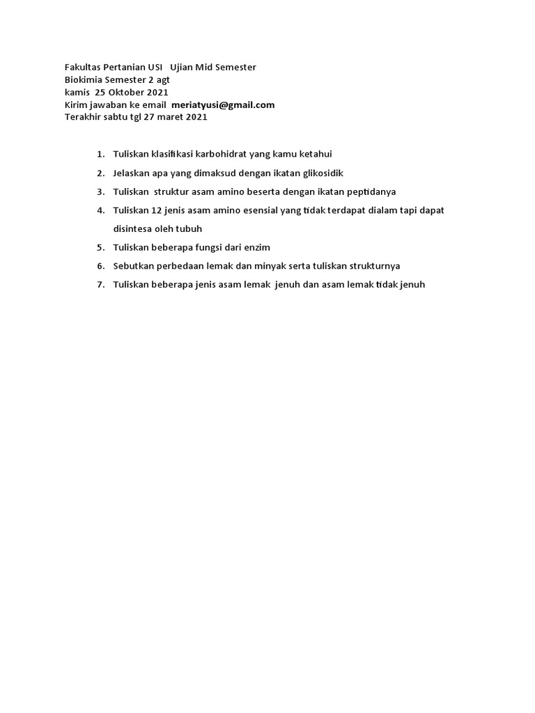 Daring Ujian Mid Semester Biokimia | PDF Daring Ujian Mid Semester Biokimia | PDF