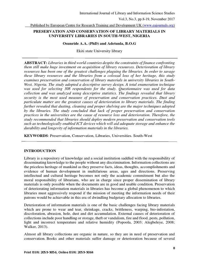 Preservation and Conservation of Library Materials in University ...