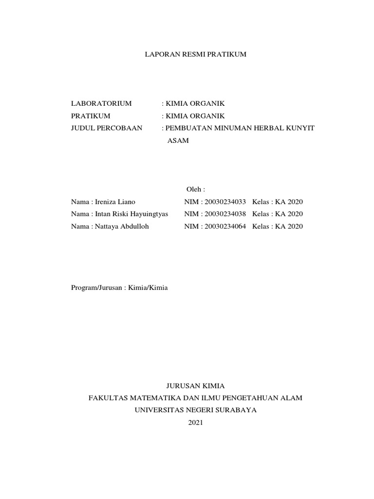 Laporan Praktikum Resmi Pembuatan Minuman Herbal Kunyit Asam | PDF Laporan Praktikum Resmi Pembuatan Minuman Herbal Kunyit Asam | PDF