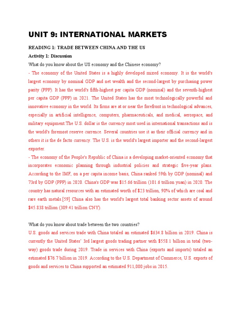 Unit 9: International Markets: Reading 1: Trade Between China and The ...