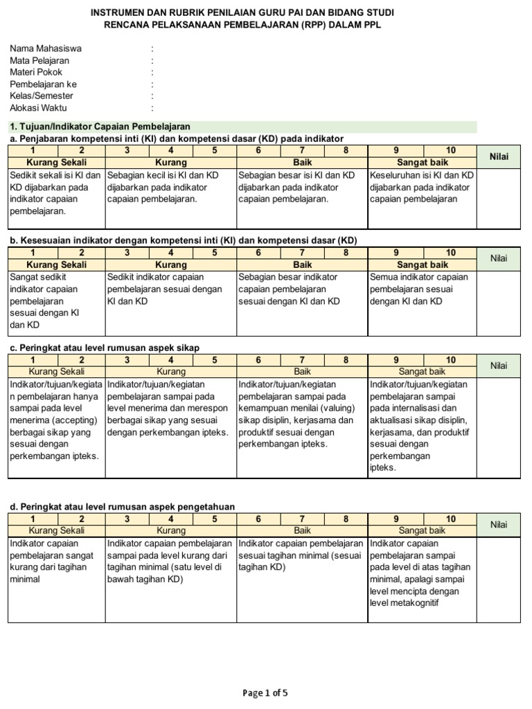 Rubrik RPP 1a-Instrumen - RPP - PAI+Rumpun | PDF