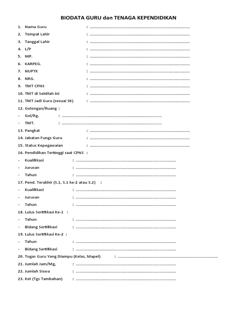 Form BIODATA GURU Dan TENAGA KEPENDIDIKAN | PDF