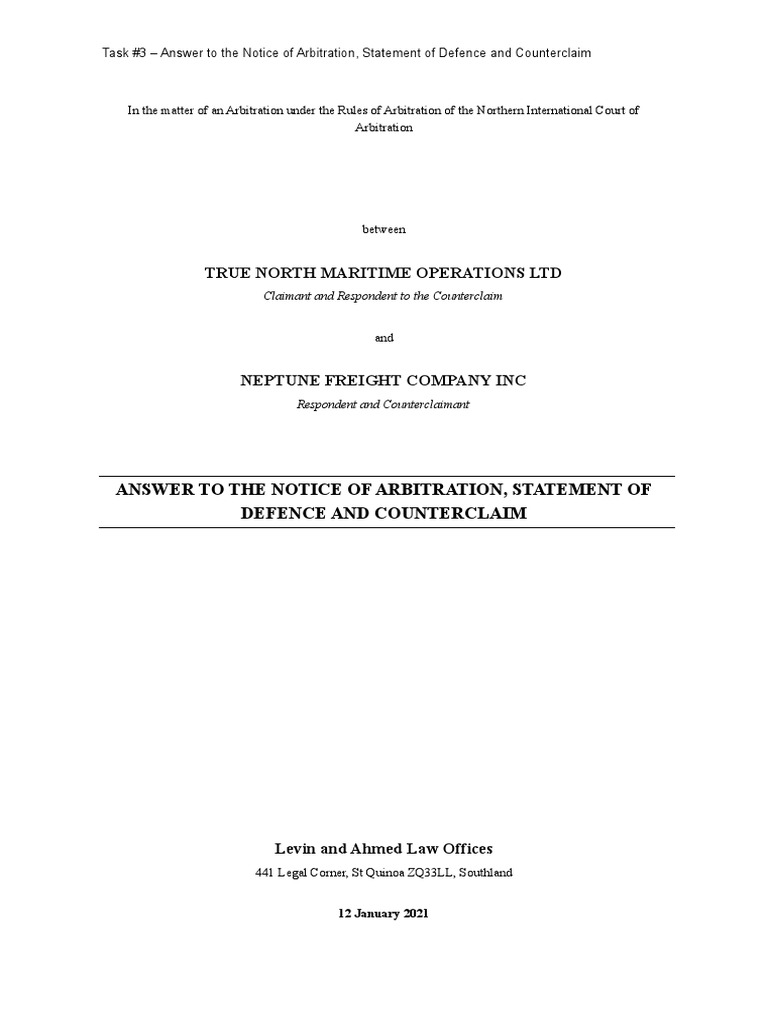 Answer To The Notice of Arbitration Statement of Defence and ...
