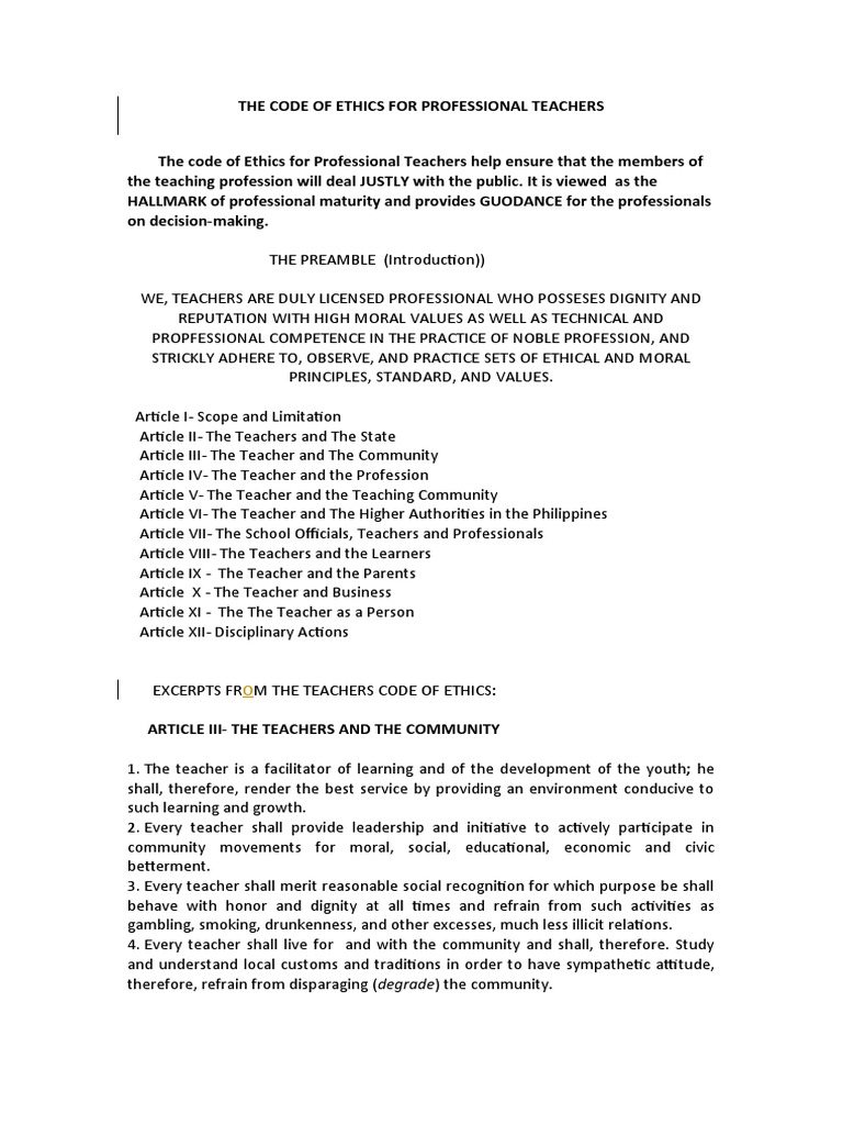 THE CODE OF ETHICS FOR PROFESSIONAL TEACHERS Prof - Ed5 | PDF ...