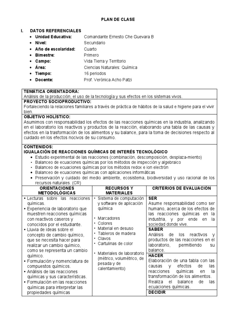 Plan 1 QMC - 4to - 1B | PDF | Química | Estequiometría