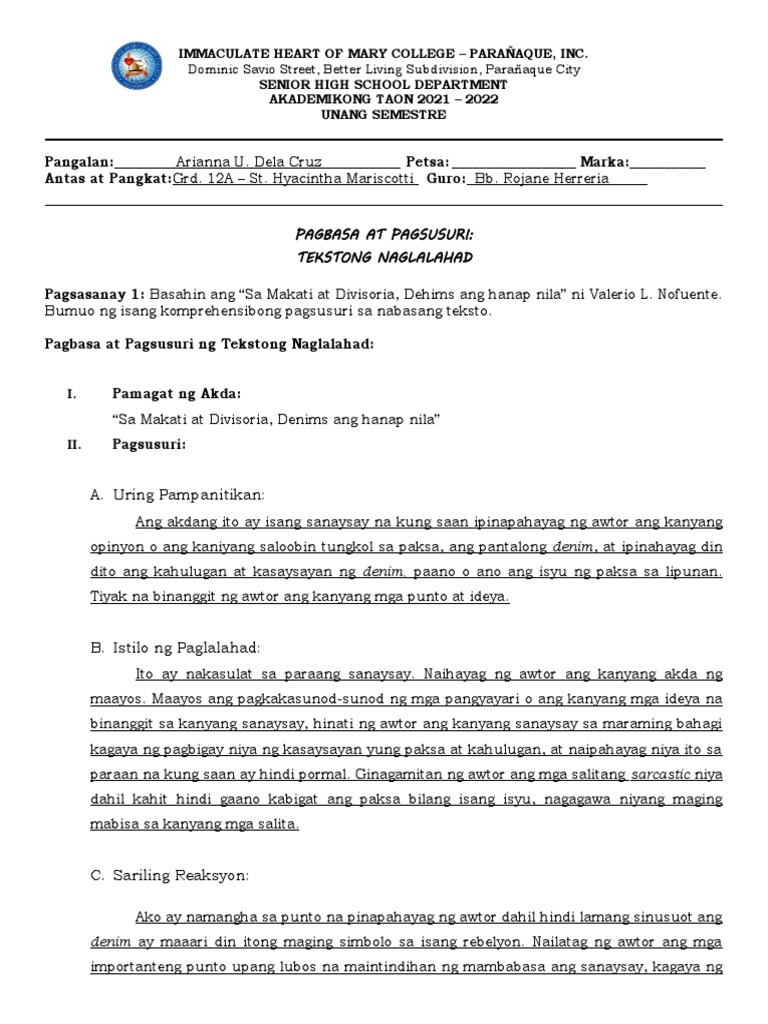 MGA PAGSASANAY-Tekstong Naglalahad at Naglalarawan | PDF
