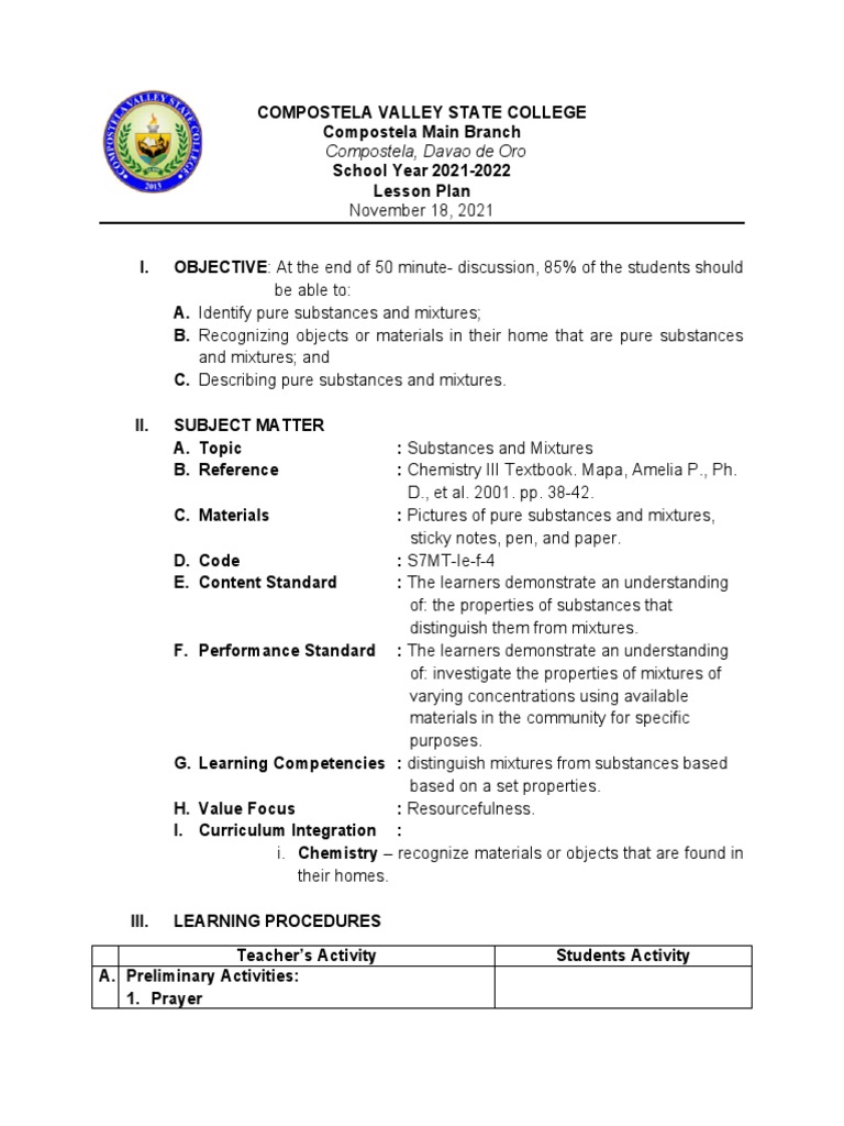 Group 1 Lesson Plan 3 Substances and Mixtures | PDF | Mixture ...