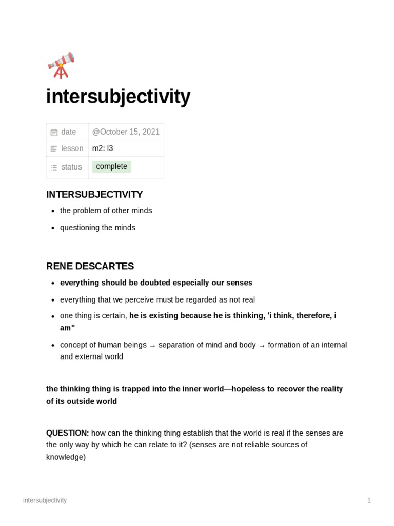 Philo Notes - Intersubjectivity | PDF | Phenomenology (Philosophy ...
