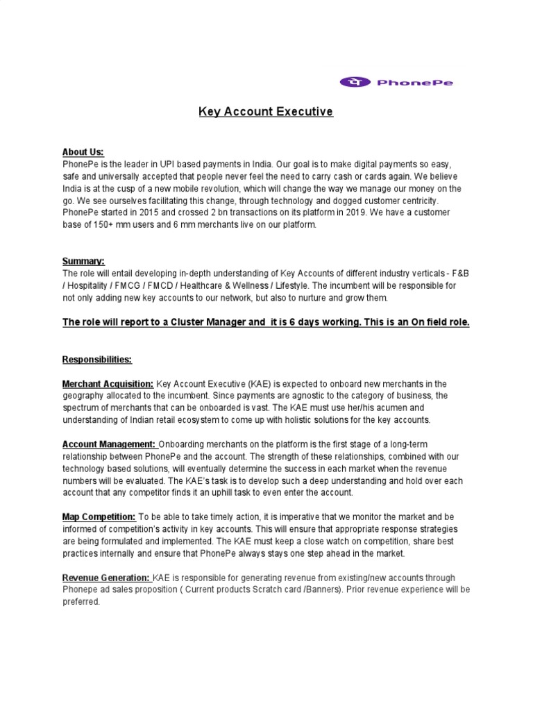 Key Account Executive Role at PhonePe | PDF | Marketing | Economies