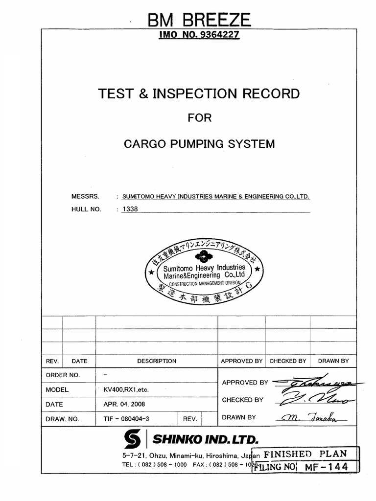 MF-144 Test & Inspection Record For Cargo Pumping System | PDF | Pump ...
