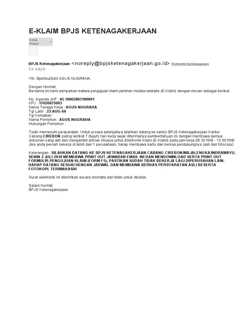 Email E-KLAIM BPJS KETENAGAKERJAAN | PDF