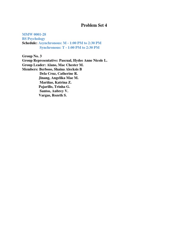 Problem Set 4: MMW 0001-28 BS Psychology Asynchronous: M - 1:00 PM To 2 ...