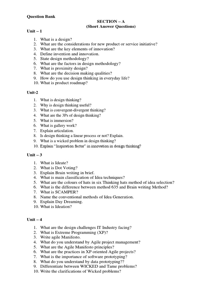 Question Bank Section - A (Short Answer Questions) Unit - 1 | PDF ...