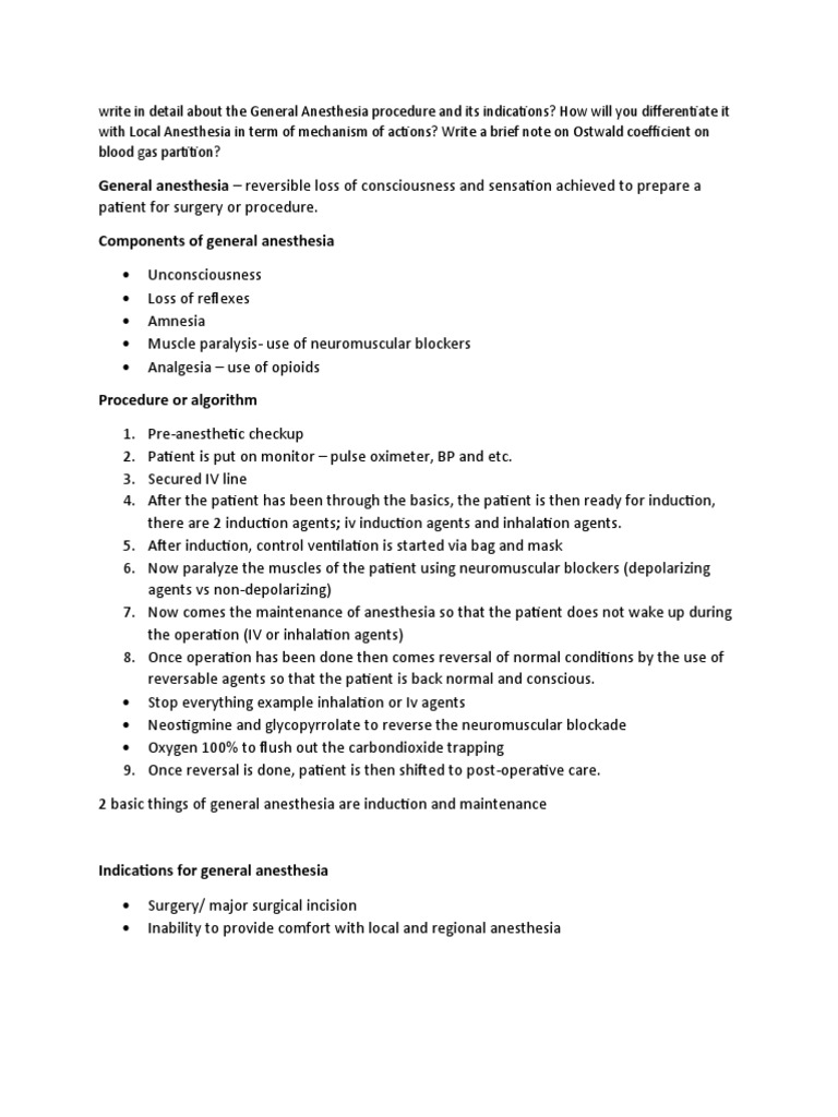 General Anesthesia Procedure Indications And Comparison To Local