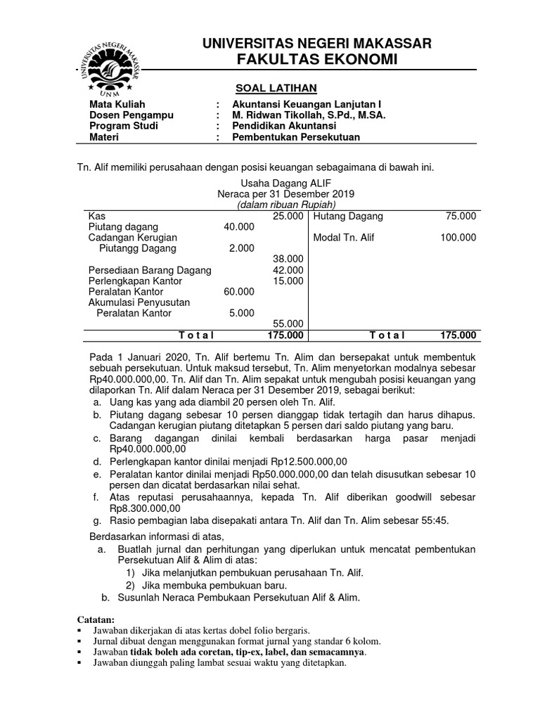 2122 01 Soal Latihan AKL I - Pembentukan Persekutuan | PDF