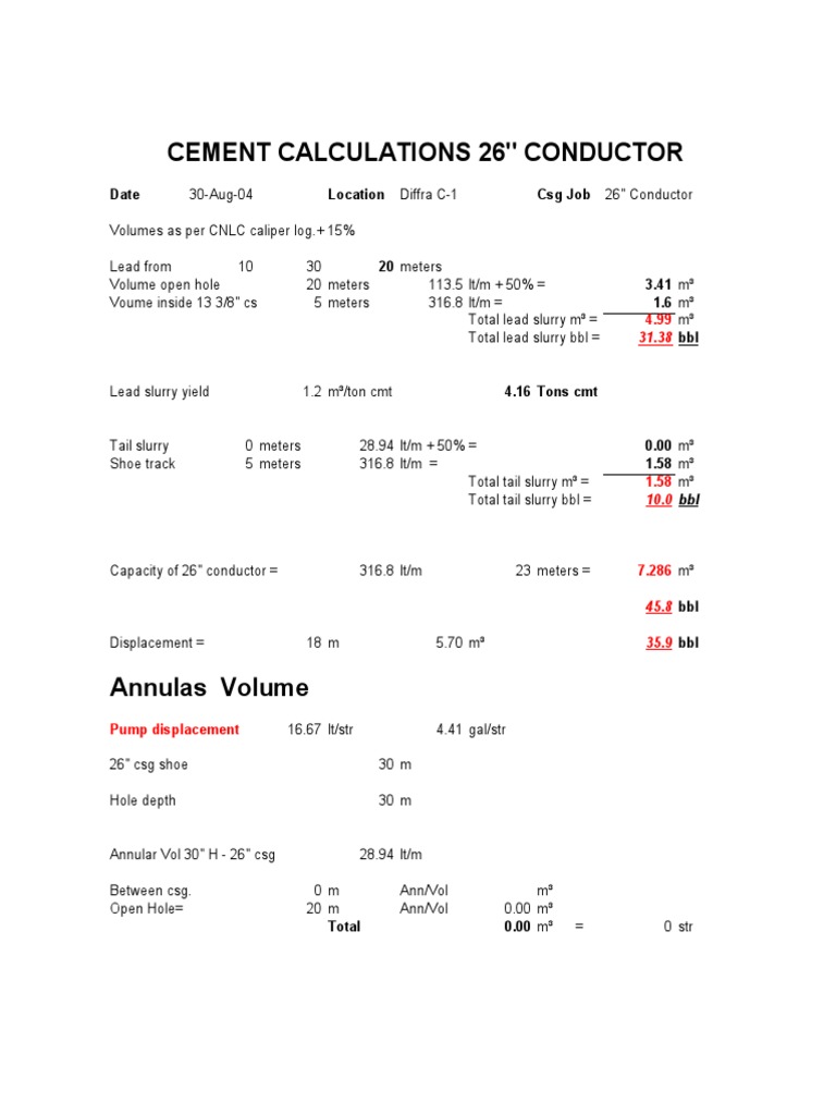 CMT Calculations. | PDF | Casing (Borehole) | Ton