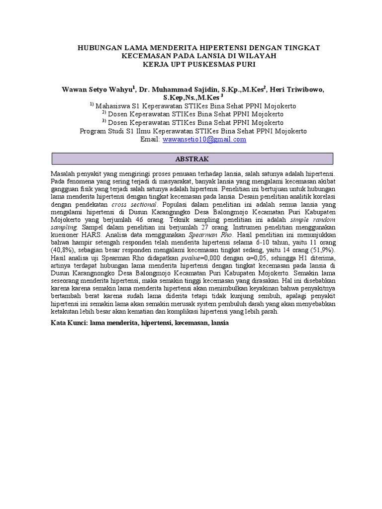Hubungan Lama Menderita Hipertensi Dengan Tingkat Kecemasan Pada Lansia ...