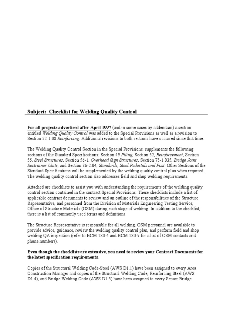 Welding Quality Contral Checklist | PDF | Nondestructive Testing ...
