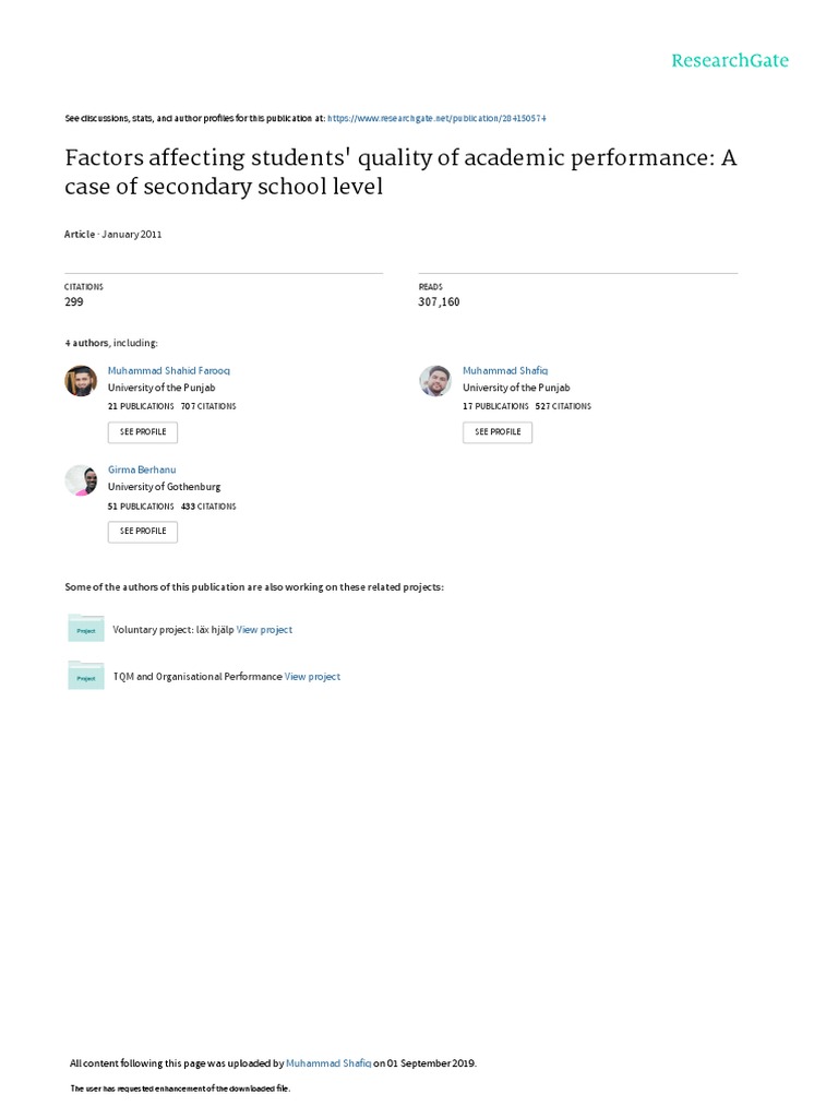 Factors Affecting Students' Quality of Academic Performance: A Case of Secondary School Level ...
