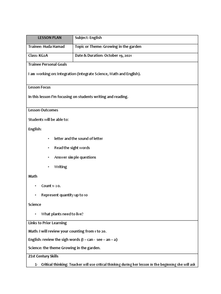 Kg2A Lesson Plan | PDF | Teachers | Lesson Plan