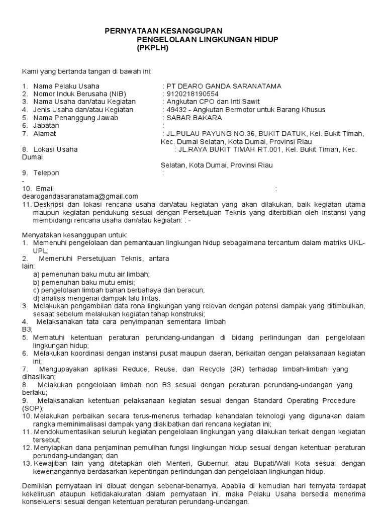 Pernyataan Kesanggupan Pengelolaan Lingkungan Hidup (PKPLH) | PDF