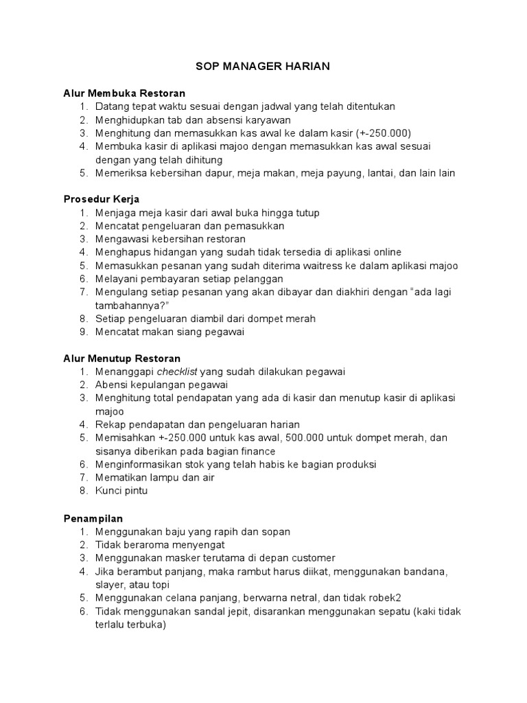 Sop Manager Harian | PDF