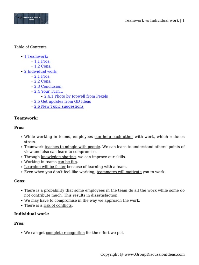 Teamwork Vs Individual Work | PDF | Behavioural Sciences ...