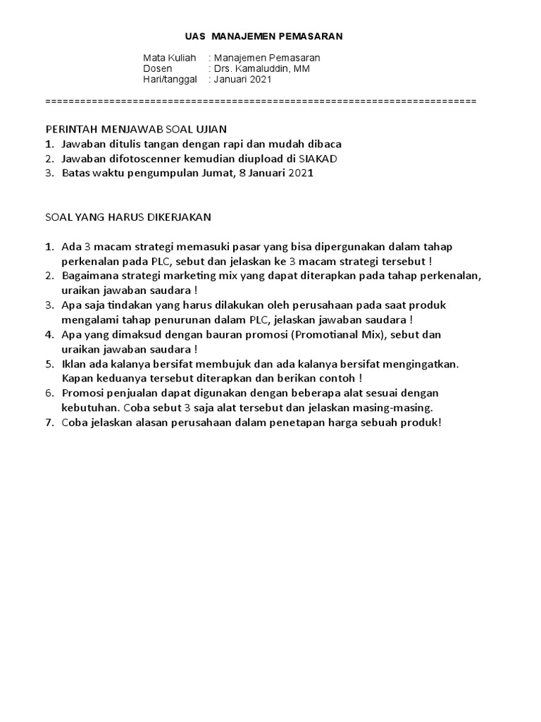 Uas-Manajemen Pemasaran 2021 | PDF