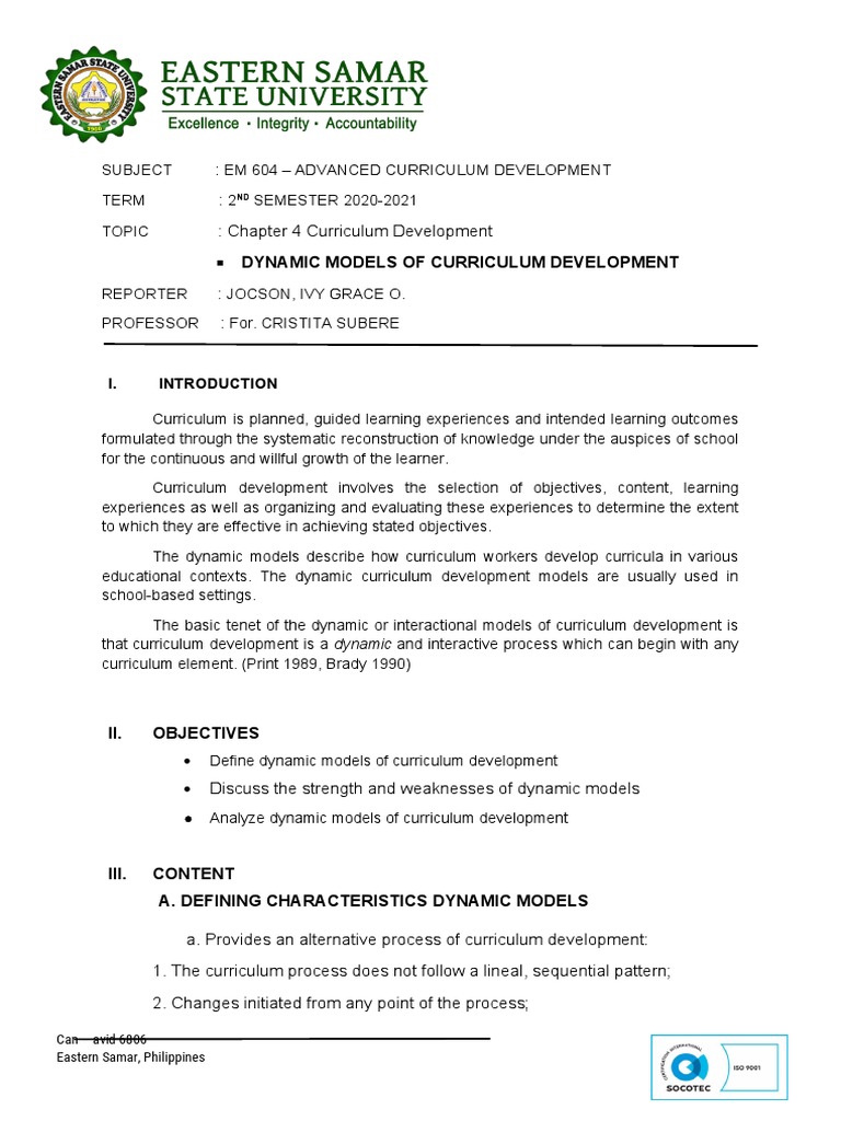 Chapter 4 Dynamic Models of Curr Dev | PDF | Curriculum | Educational ...