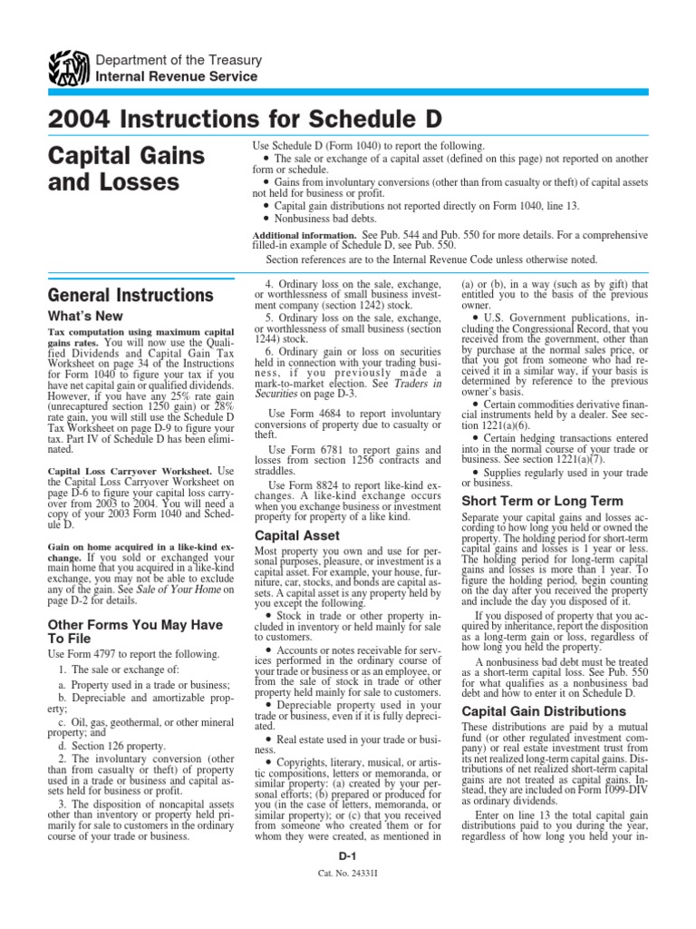 2004 Instructions For Schedule D Capital Gains and Losses: Pager/Sgml ...