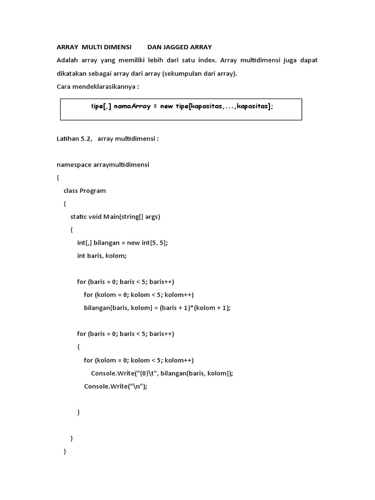 PENGENALAN BAHASA PEMROGRAMAN C# - ARRAY Dimensi2 - P10 | PDF
