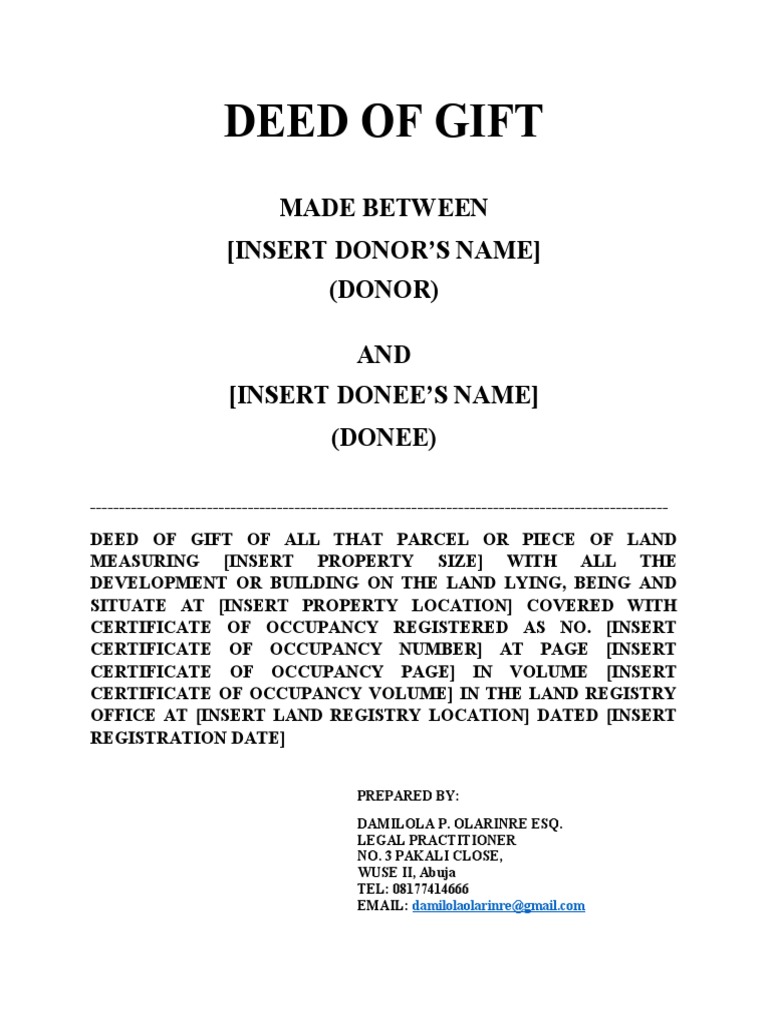 Deed of Gift: Made Between (Insert Donor'S Name) (Donor) AND (Insert ...