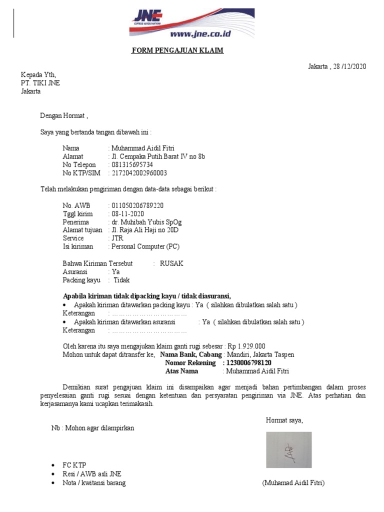 Form Klaim JNE | PDF