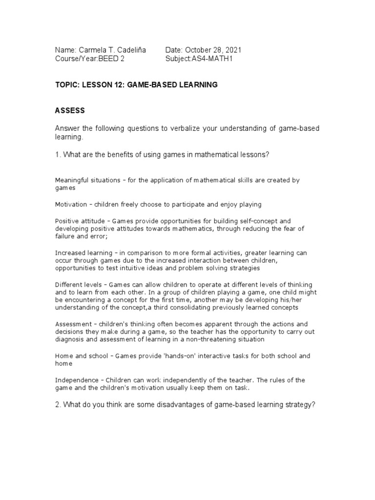 Topic: Lesson 12: Game-Based Learning | PDF | Learning | Teachers