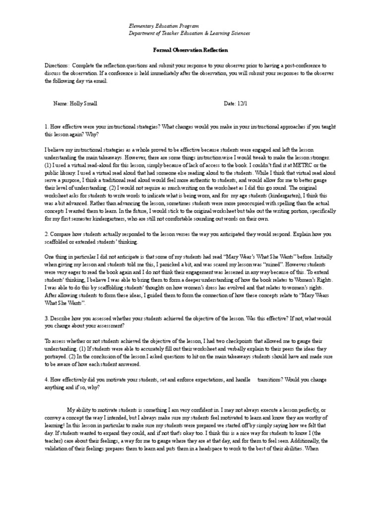 Formal Observation Reflection | PDF | Lesson Plan | Learning