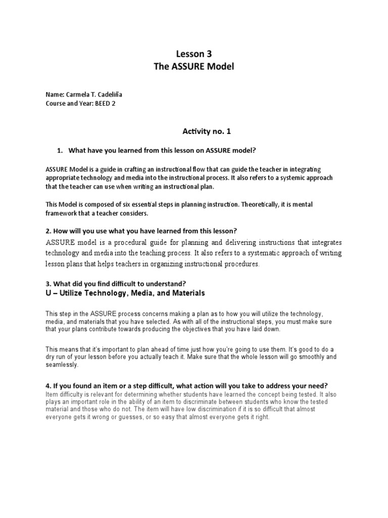 Lesson 3 The ASSURE Model: Activity No. 1 | PDF | Educational ...