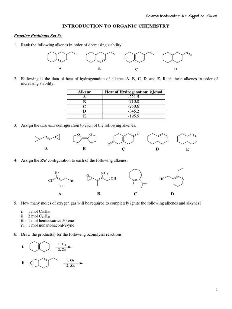 Practice Problems Set 5 | PDF | Alkene | Hydrogenation
