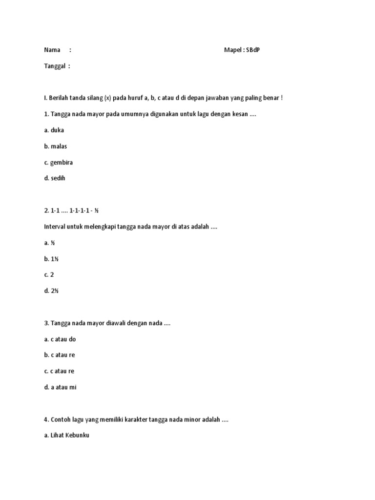 Soal UAS Mapel SBDP Kelas 5 Semester 1 Tahun 2021 | PDF