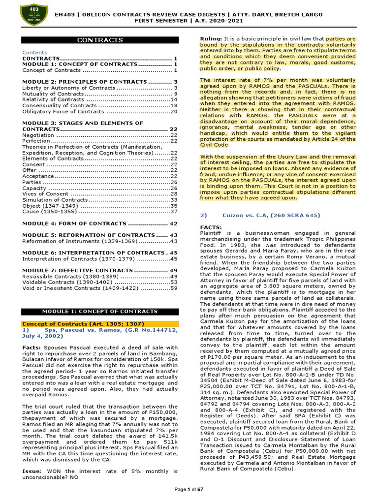 403 OBLICON Review Case Digests Part 2 | PDF | Loans | Interest