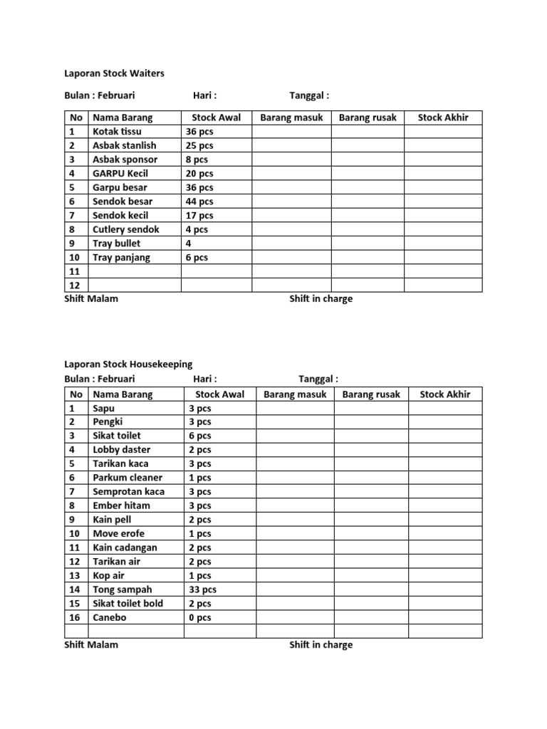 Laporan Stock Waiters Housekeeping | PDF