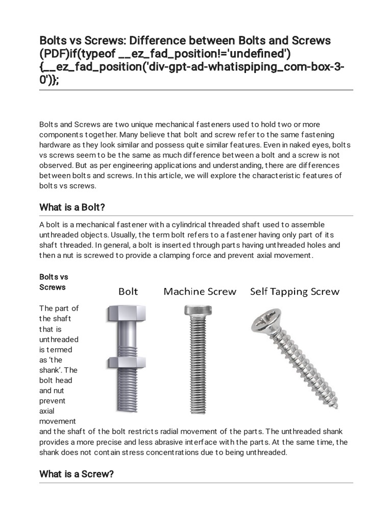 Bolts Vs Screws - Difference Between Bolts and Screws | PDF | Screw ...