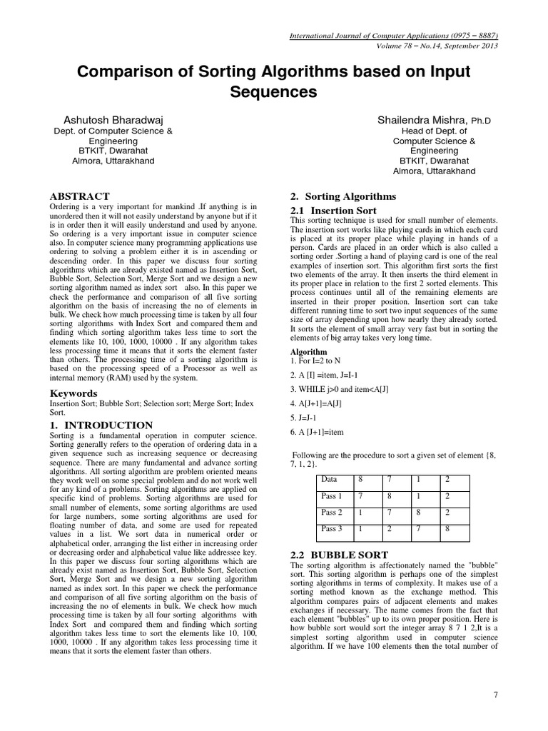 Comparison of Sorting Algorithms Based On Input Sequences: Ashutosh Bharadwaj Shailendra Mishra ...