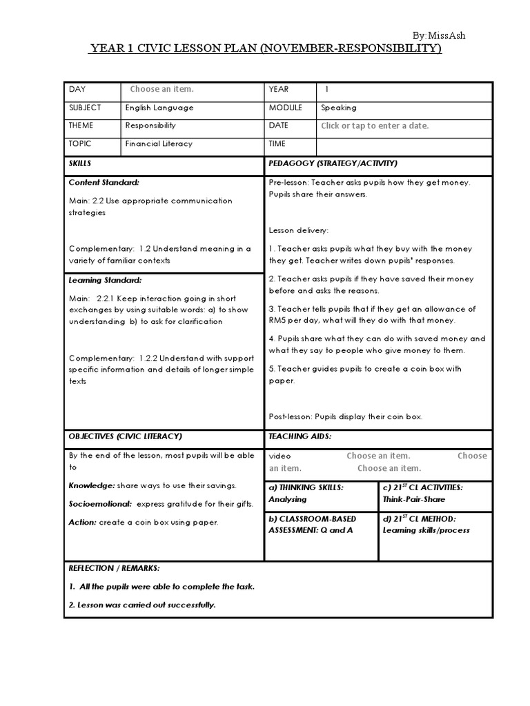 Year 1 Civic Lesson Plan (November-Responsibility) : Choose An Item ...