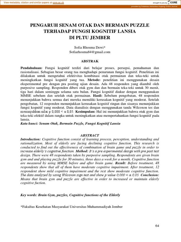 Pengaruh Senam Otak Dan Bermain Puzzle Terhadap Fungsi Kognitif Lansia Di Pltu Jember | PDF ...