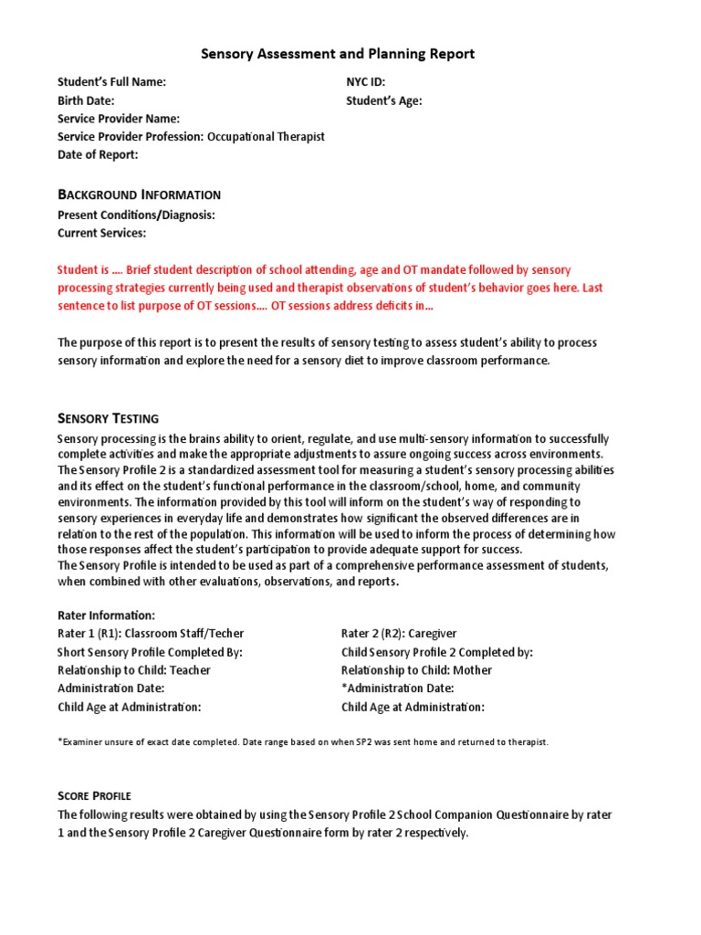 Sensory Profile 2 Assessment Report | PDF | Perception | Senses