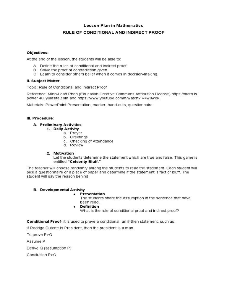 Conditional & Indirect Proof Lesson | PDF | Contradiction ...