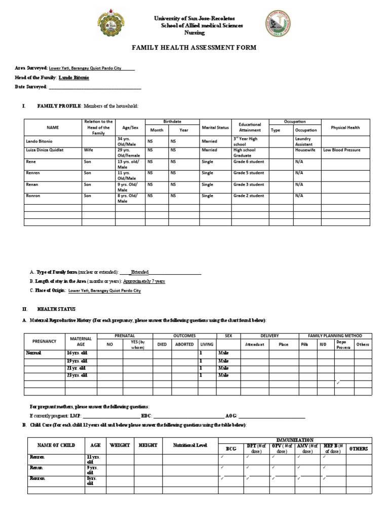 Family Health Assessment Form: University of San Jose-Recoletos School ...