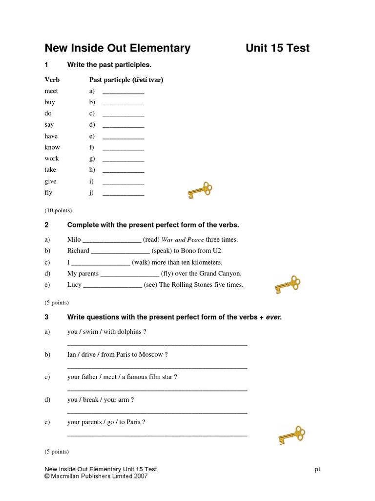 New Inside Out Elementary Unit 15 Test: 1 Write The Past Participles ...