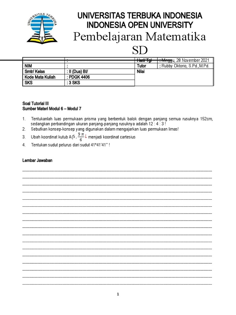 Tugas Tutorial 3 - Pemb. MTK SD | PDF