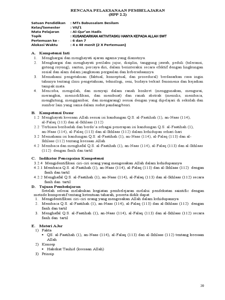 RPP Qurdis Kls 7 No 2.2 | PDF | Sains & Matematika | Agama & Spiritualitas
